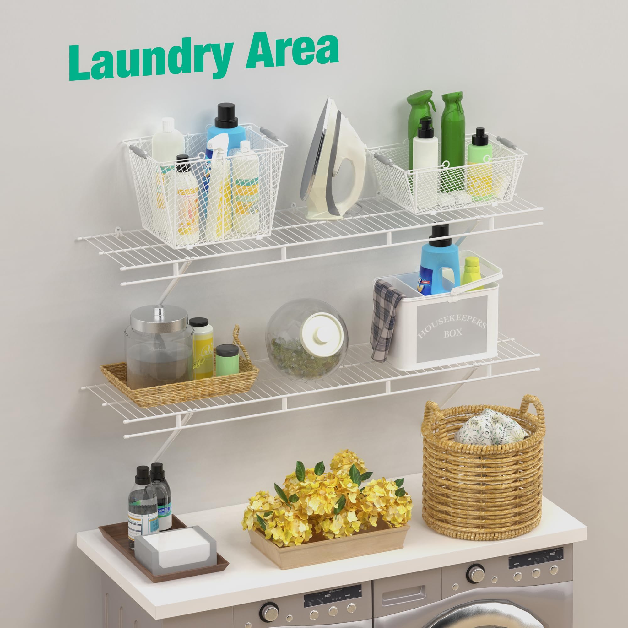 HAUSHOF Closet Shelves Wall Mounted 2-Pack, 4 ft x 12in White Wire Shelving for Laundry Room, Closet, Basement Organization and Storage