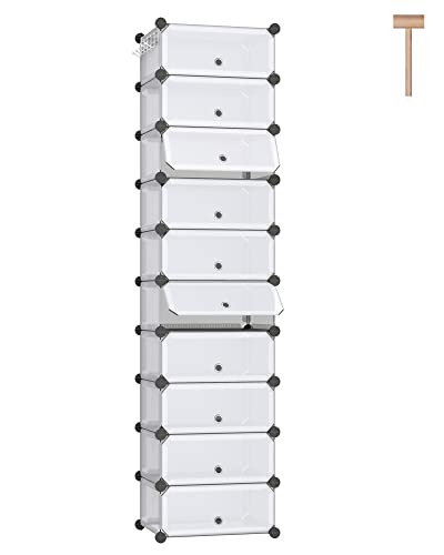 DINMO 10-Tier Shoe Rack with Doors for Entryway, 20 Pairs, Portable Plastic Cubby Shoe Shelves Organizer Unit, DIY Shoe Cabinet, White