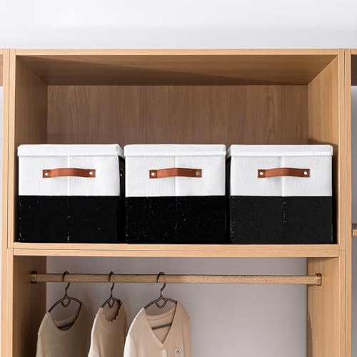 BeigeSwan Medium 23 Liter Collapsible Stackable Storage Bins with Lids, 3 Packs Foldable Fabric Closet Boxes Lidded Storage Bins Heavy-duty Fabric Baskets Organizers Storage (15.4” x 10” x 9.5”)