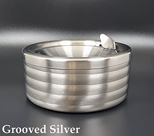 Grooved Silver Classic Metal Ashtray with a Lid for Cigarettes - Windproof Outdoor Ashtrays Can Patio Outdoor Indoor Decorative Fancy Ash Tray