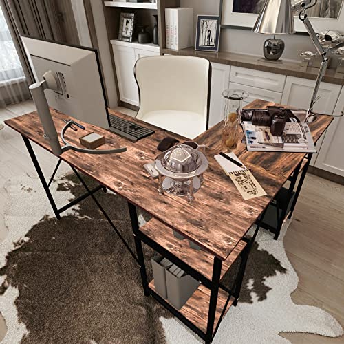 DLIUZ L Shaped Desk with Drawers,Computer Desk is Reversible Corner Large Gaming pc Table with USB Charging Port and Power Outlet,Long Writing Study Table with Shelve Suitable for 2 People Working