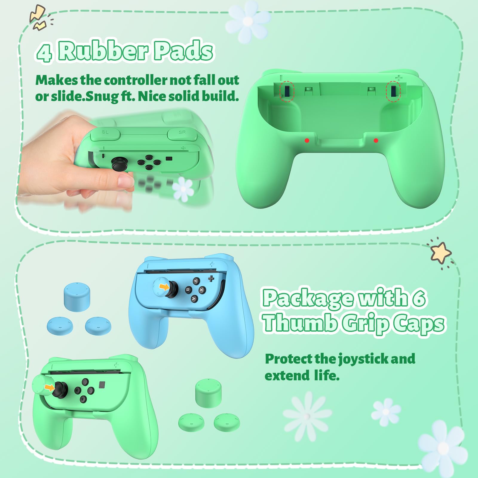 FASTSNAIL Grips Compatible with Nintendo Switch for Joy Con & OLED Model for Joycon, Wear-resistant Handle Kit Compatible with Joy Cons Controllers, 2 Pack(Light Green and Light Blue)