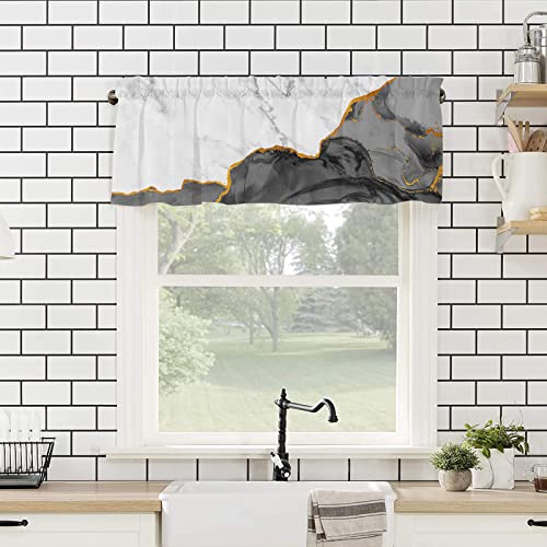 Fall Valance Curtains for Windows Wild Marble Pattern Gold Black Grey White Ombre Short Valances Window Treatment Rod Pocket Valance for Kitchen Bedroom Bathroom Laundry Room 42x18 inch, 1 Panel