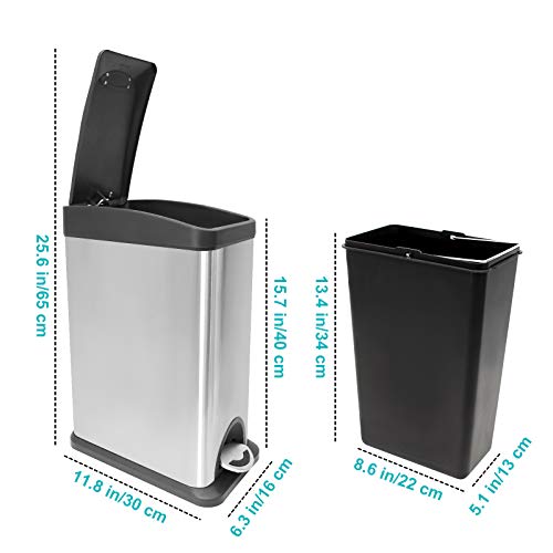 CTETC Slim Small Trash Can with Lid Soft Close and Removable Inner Wastebasket, Rectangular Narrow Stainless Steel Trash Can for Bathroom Bedroom Office, Anti-Fingerprint Brushed Finish, 2.1Gal/8L
