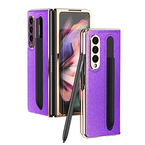 Gross Grain Case for Samsung Galaxy Z Fold 3 5G 2021 Plating Luxury Ultra Slim Hybrid with S Pen Slot Cover Anti-Fingerprint Dustproof Shockproof Compatible with Samsung Galaxy Z Fold 3(Purple)