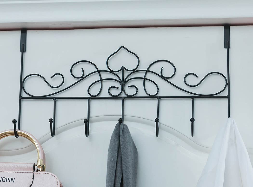 eywlwaar Over The Door 7 Hanger Rack Metal Rack for Home Use Hats Coats Key Bag Clothes Scarfs Hooks and Love Design (Black)