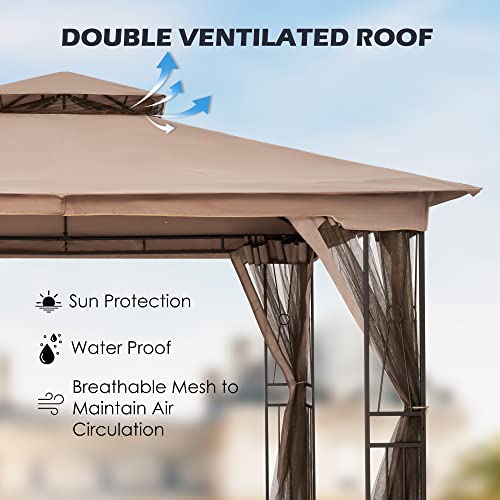 HAPPATIO 10' X 12' Patio Gazebo with Ventilation Double Roof,Outdoor Gazebo with Mosquito Netting for Lawn, Garden (Light Brown)