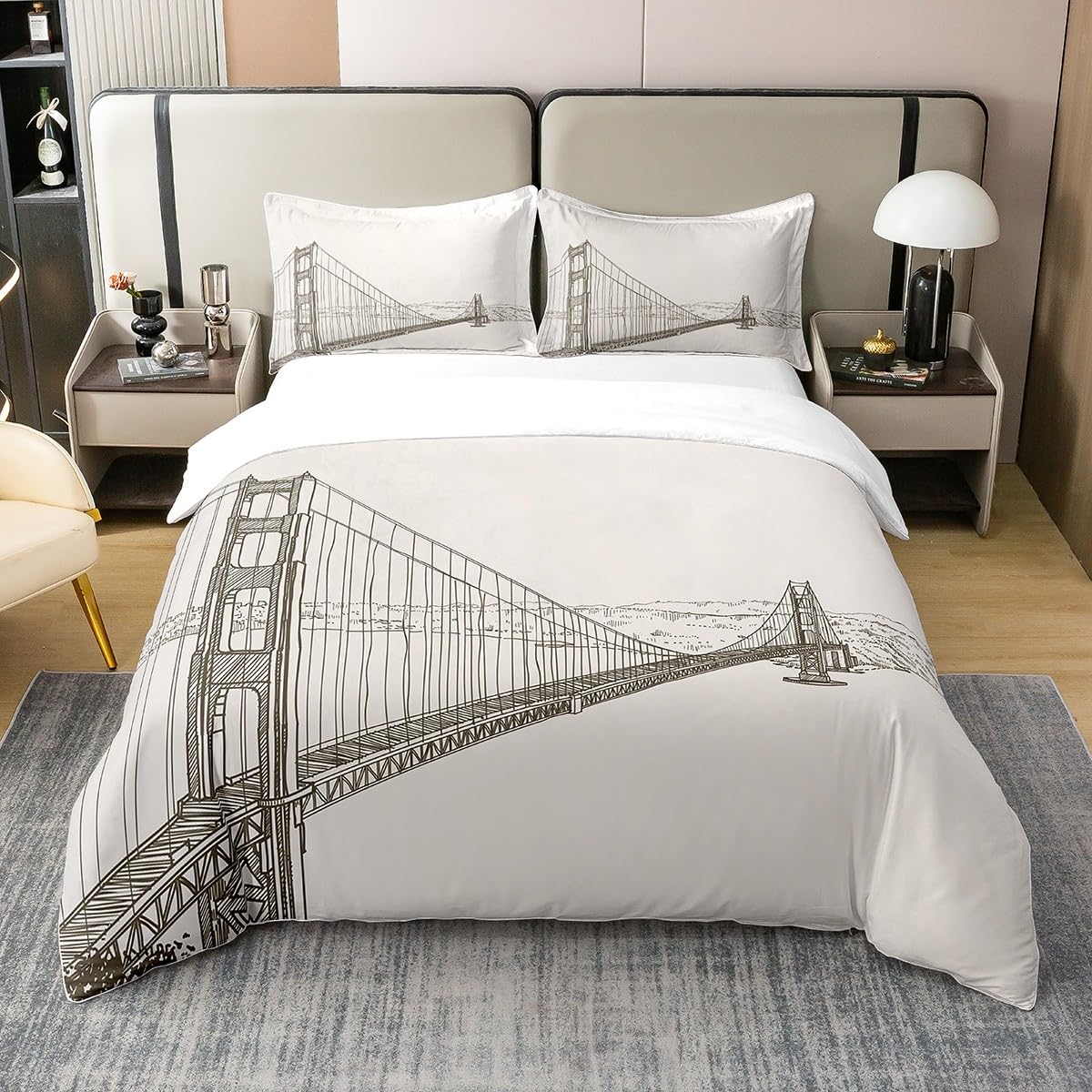 Golden Gate Bridge 100% Natural Cotton Duvet Cover Queen, San Francisco Bedding Set, Hand Drawn American Theme Architecture Comforter Cover, Ocean Mountain Bedroom Decor Vintage Grey Quilt Cover