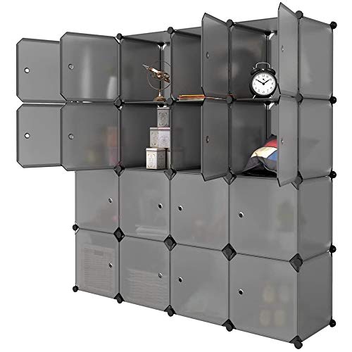JASOYA modular wardrobe plastic cabinet, 16 cubic wardrobe drawer units, DIY modular wardrobe with doors, can store shoes, books, toys, yarn, gray