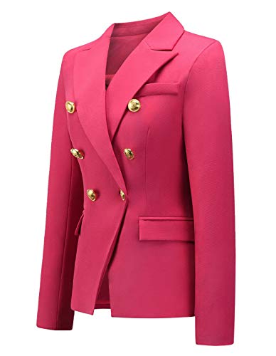 chouyatou Women's Vintage Double Breasted Slim Fit Dress Suit Blazer Jacket (Large, Hot Pink)