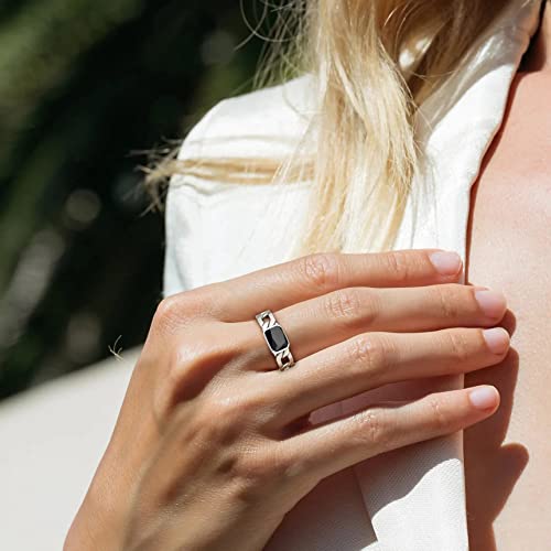 Bestyle Silver Black Onyx Ring - Sterling Silver Band Ring Index Middle Finger Stacking Doom Ring, Cuban Link Chain Band Ring with Black Crystal, Great Birthday Gift for Her, Size 8