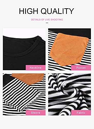 Diukia Women's Pinstripe Patch Pocket Long Sleeve Tops Stripe Color Block Lightweight Pullover Shirt for Girls Teens Junior Ladies Black L