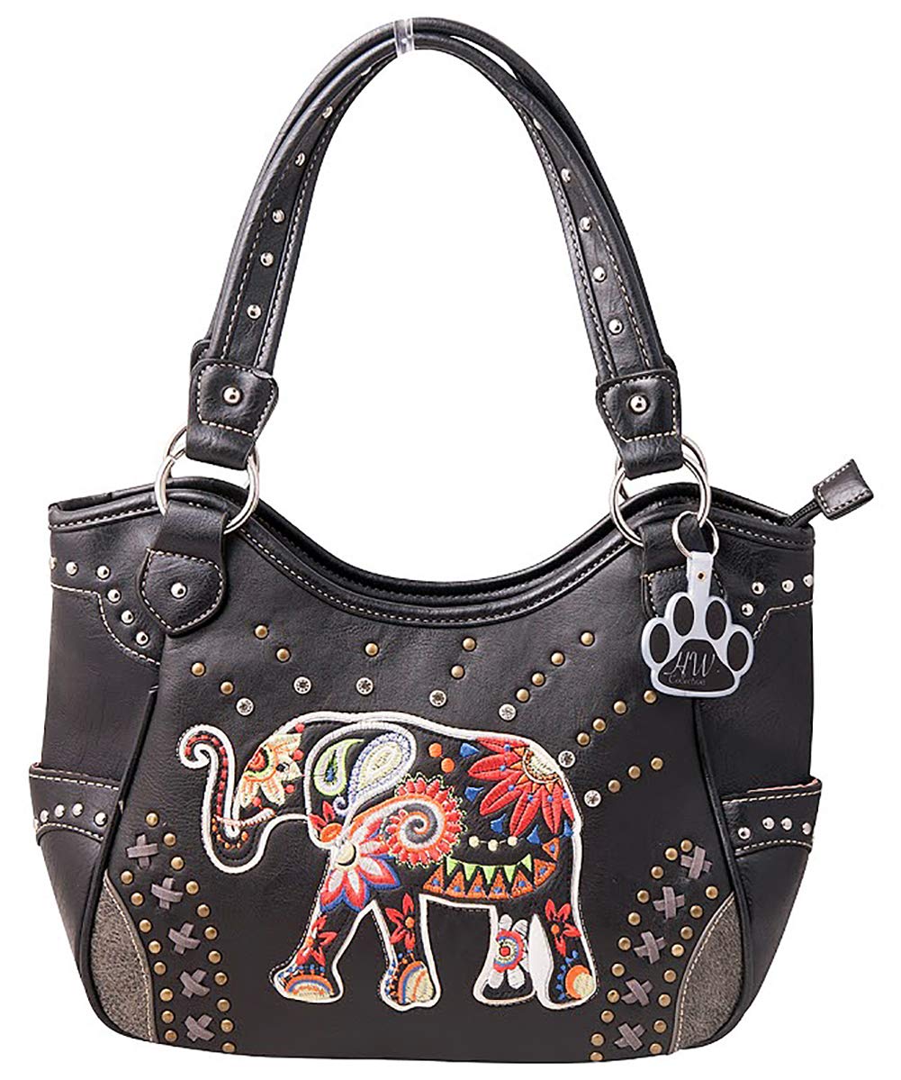 HW Collection Large Elephant Purse Women Embroidered Western Handbag and Wallet Set (Black)