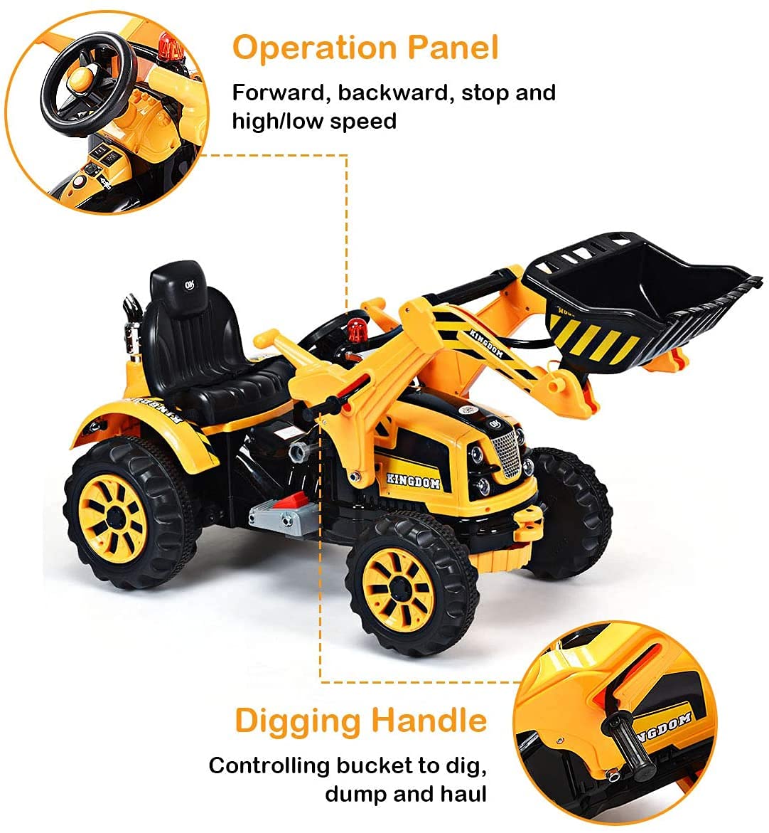 GLACER Ride on Excavator, 12V Battery Powered Digger w/ 2 Speeds, Forward & Backward, Front Loader Bucket, Horn, Safety Belt, Electric Construction Vehicles for Kids 3-8 Years Old (Yellow)