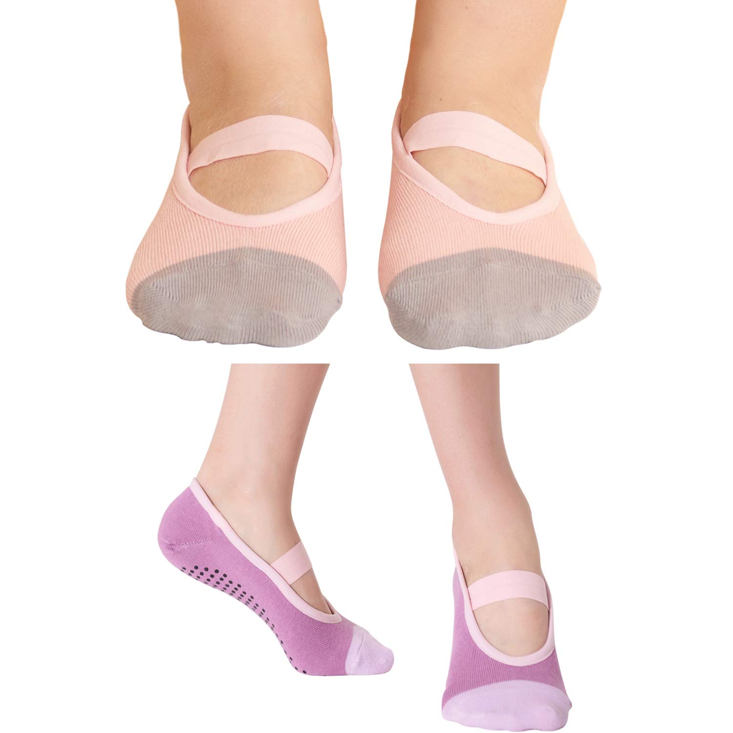 Aprilaugust Non Skid Grip Cotton Socks for Kids, Perfect for Daily wear, Yoga, Dance, Barre, Ballet (US, Age, 4 Years, 7 Years, Pink S Kids + Purple S Mom)