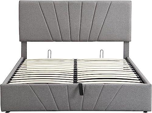 DNYN Queen Size Upholstered Platform Bed with Storage for Kids,Teen,Adults,Study Bedframe w/Wooden Slat Support,No Box Spring Needed & Easy Assembly, Gray