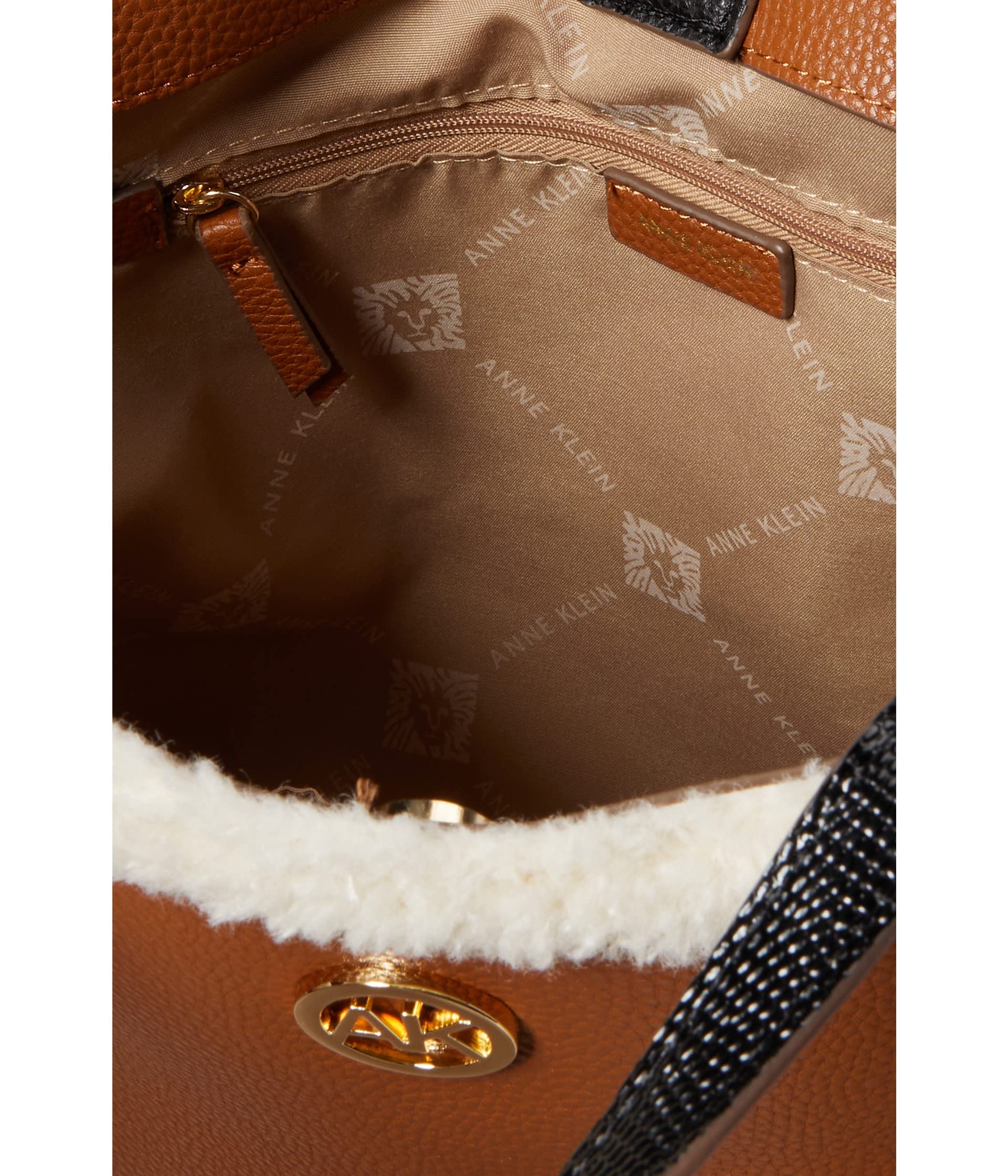 Anne Klein Mini Tote, Cream Shearling w/Saddle-Black