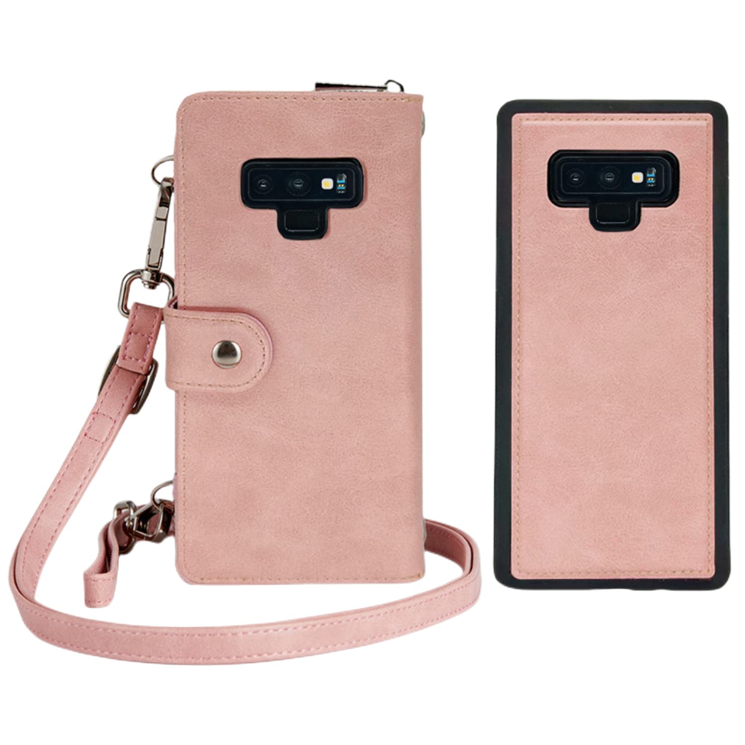MODOS LOGICOS Crossbody Bag for Samsung Galaxy Note 9 6.4", [Shoulder Wrist Straps] [Zipper Storage] [11 RFID Card Slots 3 ID Window] PU Leather Purse with Removable Inner Magnetic TPU Case - RoseGold