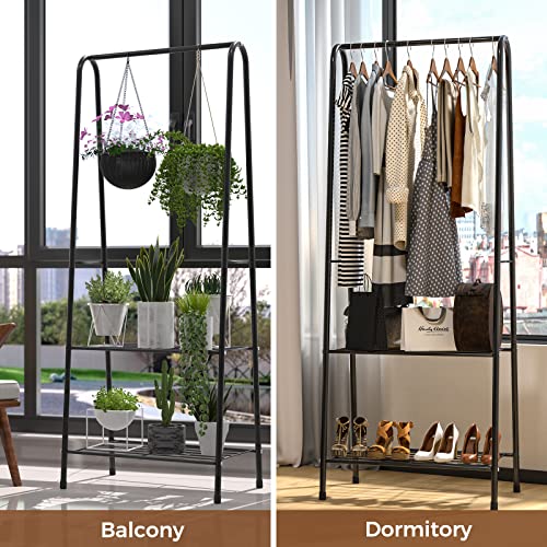 JEROAL Clothing Garment Rack, Coat Organizer Storage Shelving Unit, Entryway Storage Shelf with 2-Tier Metal Shelf, Black