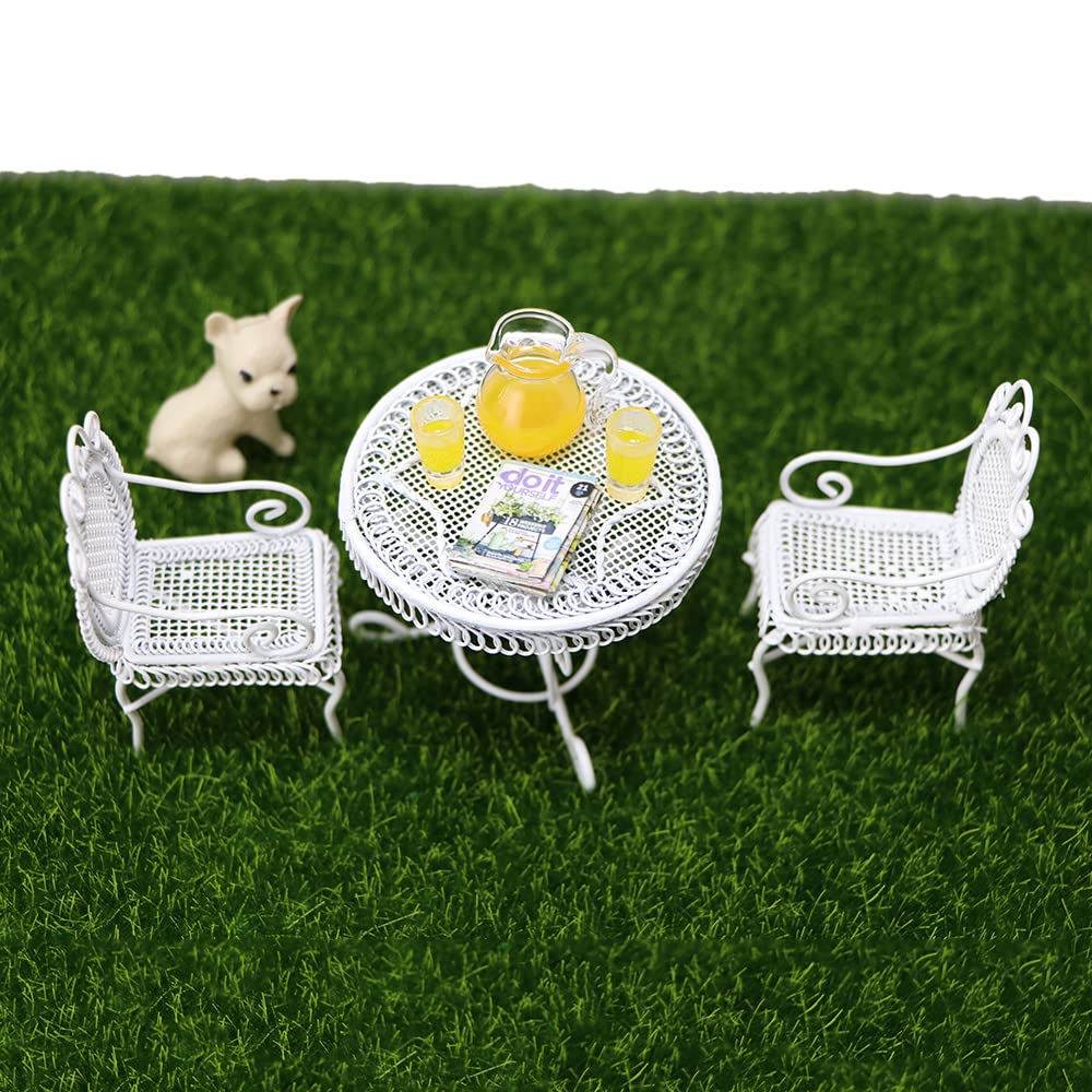Dollhouse Miniature Bistro Table & Chairs Set Accessories Metal 1:12 Scale Miniatures White Coffee/Tea Furniture Fairy Garden Cute Rustic Elegant Decorations Ornaments (A)