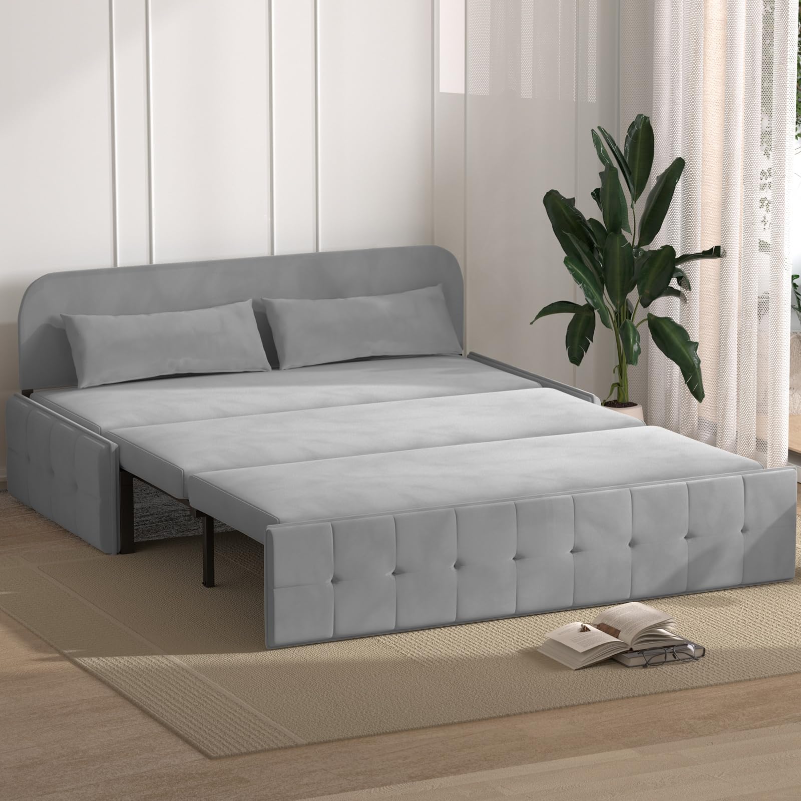 CECER Queen Size Pull Out Sofa Bed, Guest Couch Bed with 2 Pillows, Velvet Convertible Sleeper Sofa with Foldable Mattress, 3 in 1 Armless Loveseat Bed for Living Room,Small Space(Light Grey)