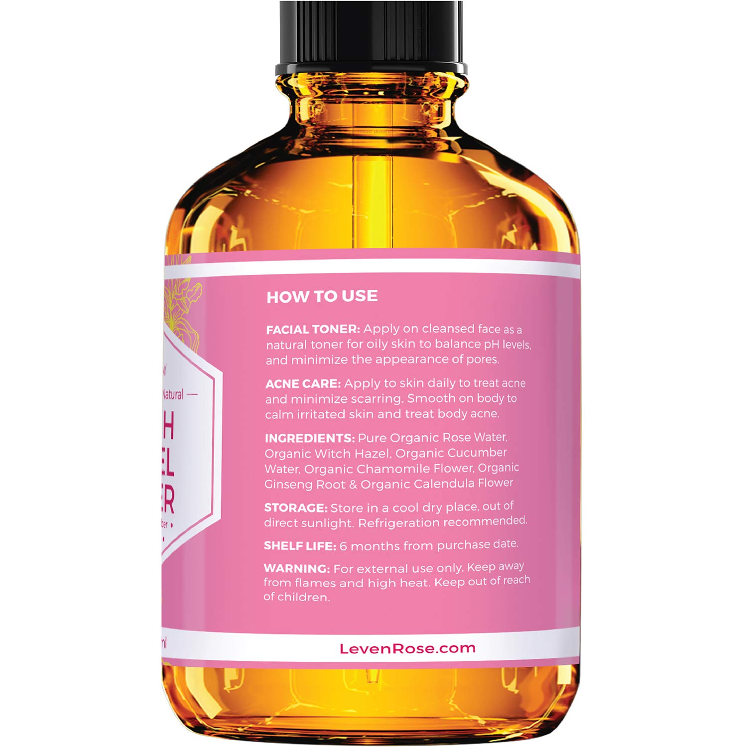 Witch Hazel Alcohol Free Toner by Leven Rose, 100% Pure Organic Facial Rose Water with Rose Petals, Calendula, Cucumber, and Chamomile Flower 4 oz