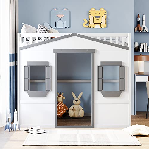 DEYOBED Full Size House Loft Bed with Ladder, Wooden Gaming House Bed Frame with Windows for Kids Boys Girls, White+Gray