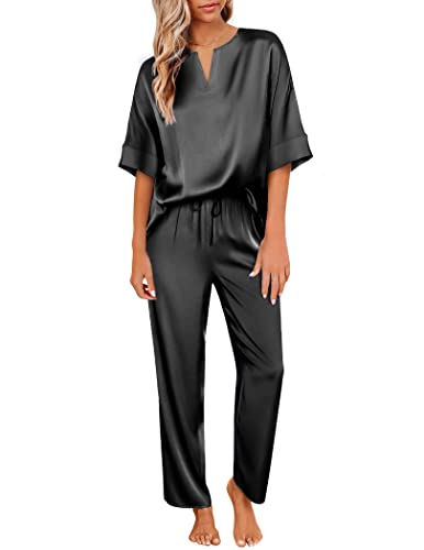 Ekouaer Women's Silk Pajama Short Sleeve Nightwear Satin V Neck Sleepwear Soft Long Pant Silky Sleep Set Black