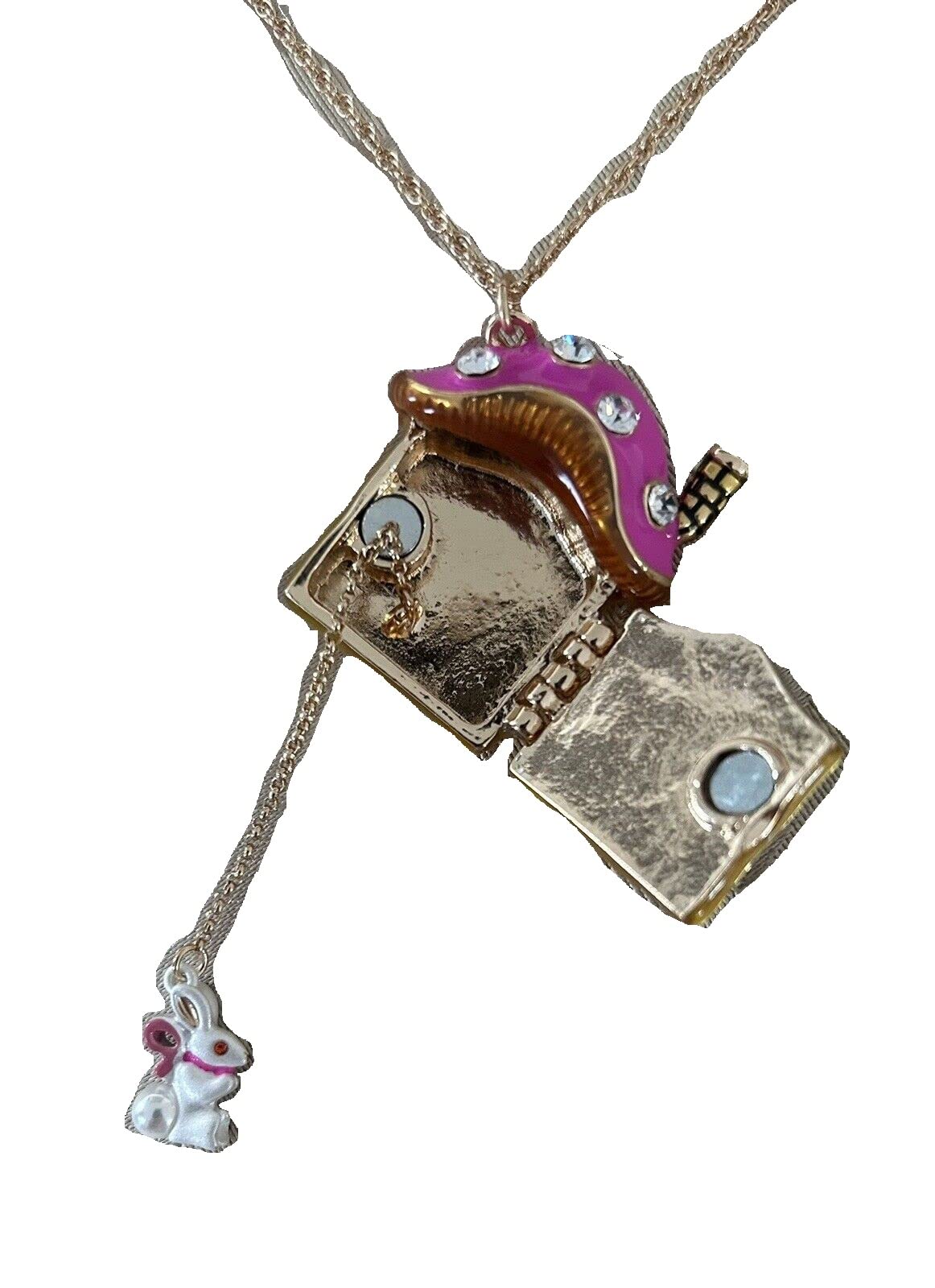 Betsey Johnson Mushroom House Bunny Pendant Slider Necklace Faux Pearl