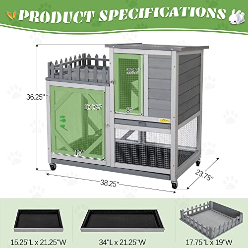 COZIWOW Rabbit Hutch with Balcony,Large Rabbit Cage Bunny Cage on Wheels,Guinea Pig Coop for Indoor Outdoor, Ramp, Pull-Out Tray, Water Bottle, Gray