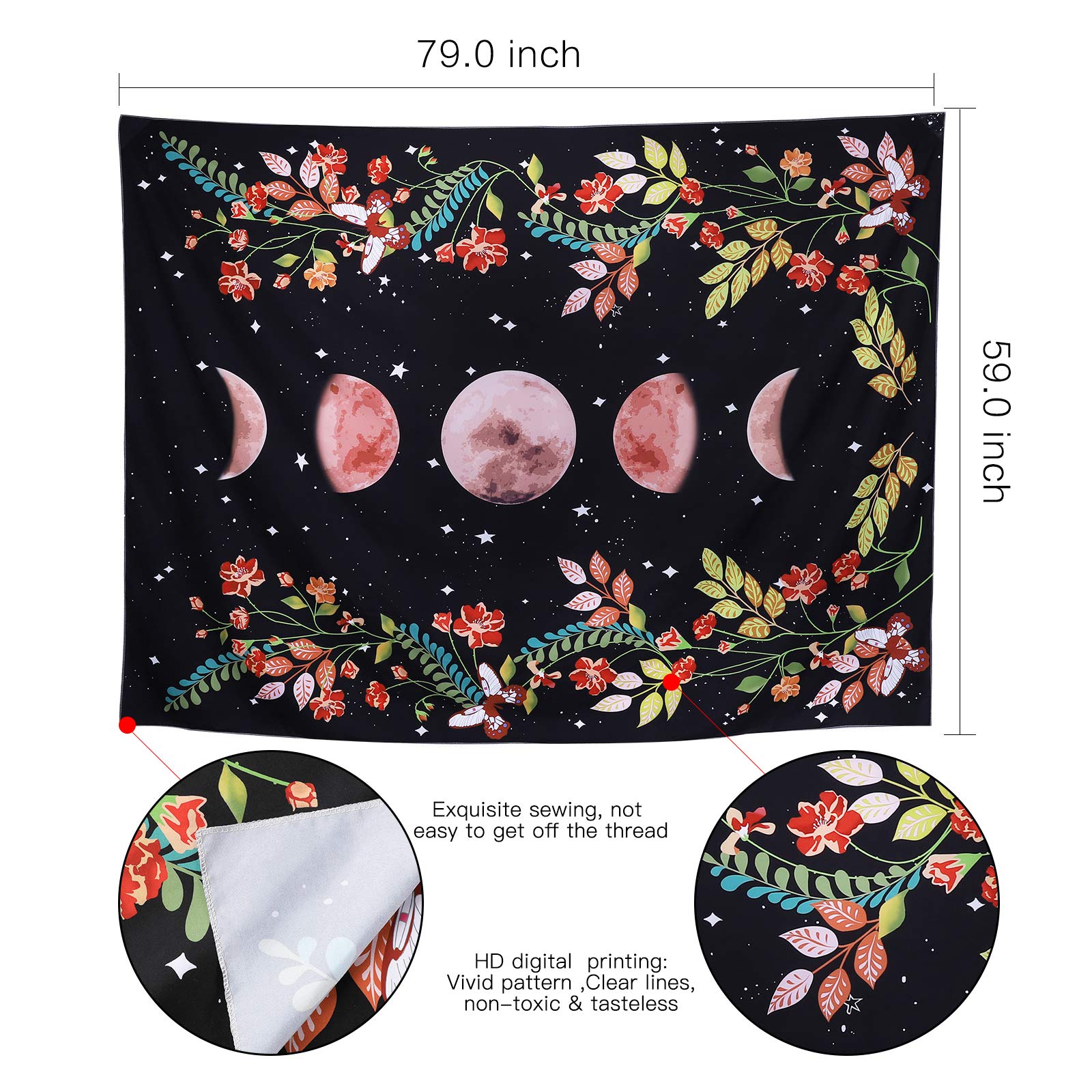 Moonlit Garden Tapestry Boho Wall Tapestry Aesthetic Moon Phase Tapestries with Flower Mandala Wall Hanging Black Wall Decor for Room(59 x 79 inches)