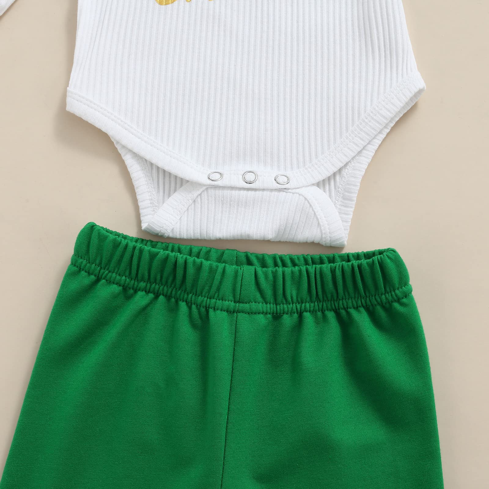 Toddler Baby Girl St. Patrick's Day Outfits Letter Print Romper Long Sleeve Jumpsuit Clover Flared Pants Headband (1#Green, 12-18 Months)