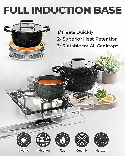 Granitestone 6 Pc Stackable Pot Set, Nesting Non Stick Pots with Lids, Cooking Pots Set, Stock Pot Set with 1.5/3 / 5 Qt Pots with Lids, Induction Cookware, Dishwasher Safe, Non Toxic - Black