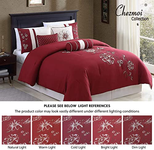 Chezmoi Collection Miranda 7-Piece Red Beige Floral Hibiscus Embroidery Comforter Set, California King
