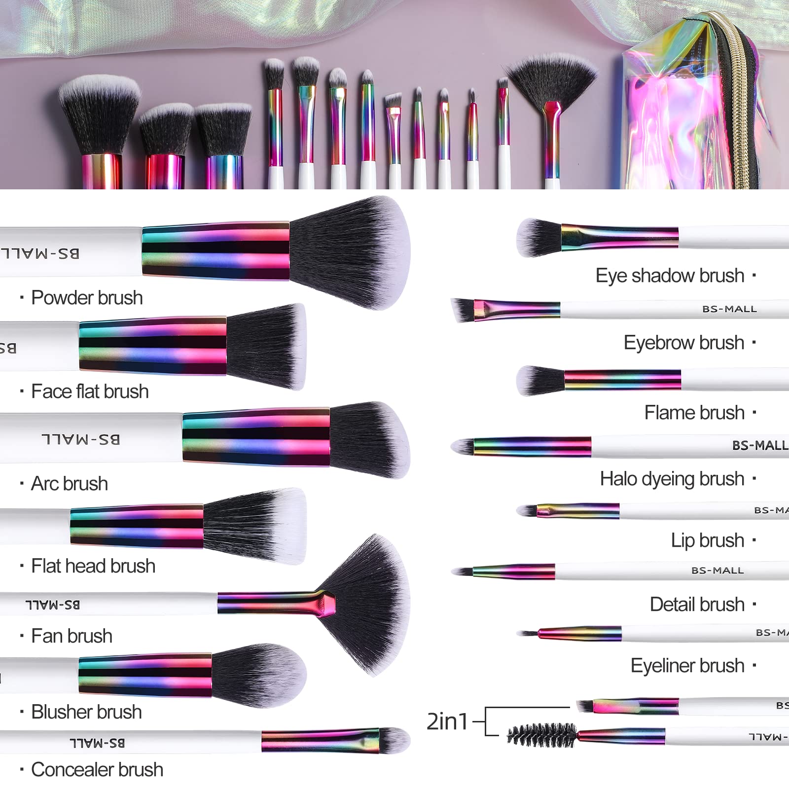 BS-MALL Makeup Brushes 15pcs Makeup Brushes Premium Synthetic Powder Foundation Blush Contour Concealers Lip Brushes with Cosmetic Bag