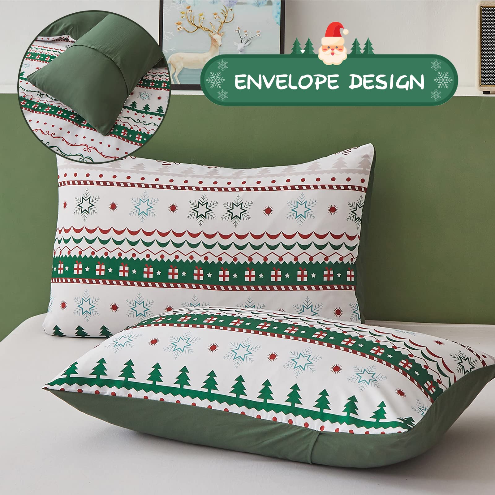Cottolester Christmas Duvet Cover Queen Size Christmas Tree Snowflake Bedding Set Striped Duvet Cover Lightweight Soft Microfiber Bedding Set(Green,3PC)