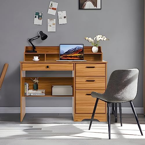 Computer Desk with 4 Drawers and Storage, Small Office Desk with File Drawers and Hutch, Farmhouse Wood Writing Student Table for Home Office, Bedroom, Rustic Brown