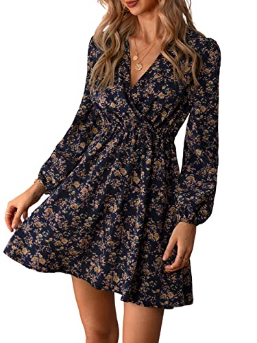 CUPSHE Women's V Neck Ditsy Floral Mini Dress Long Sleeve A Line Dress Surplice Short Dress Multicoloured