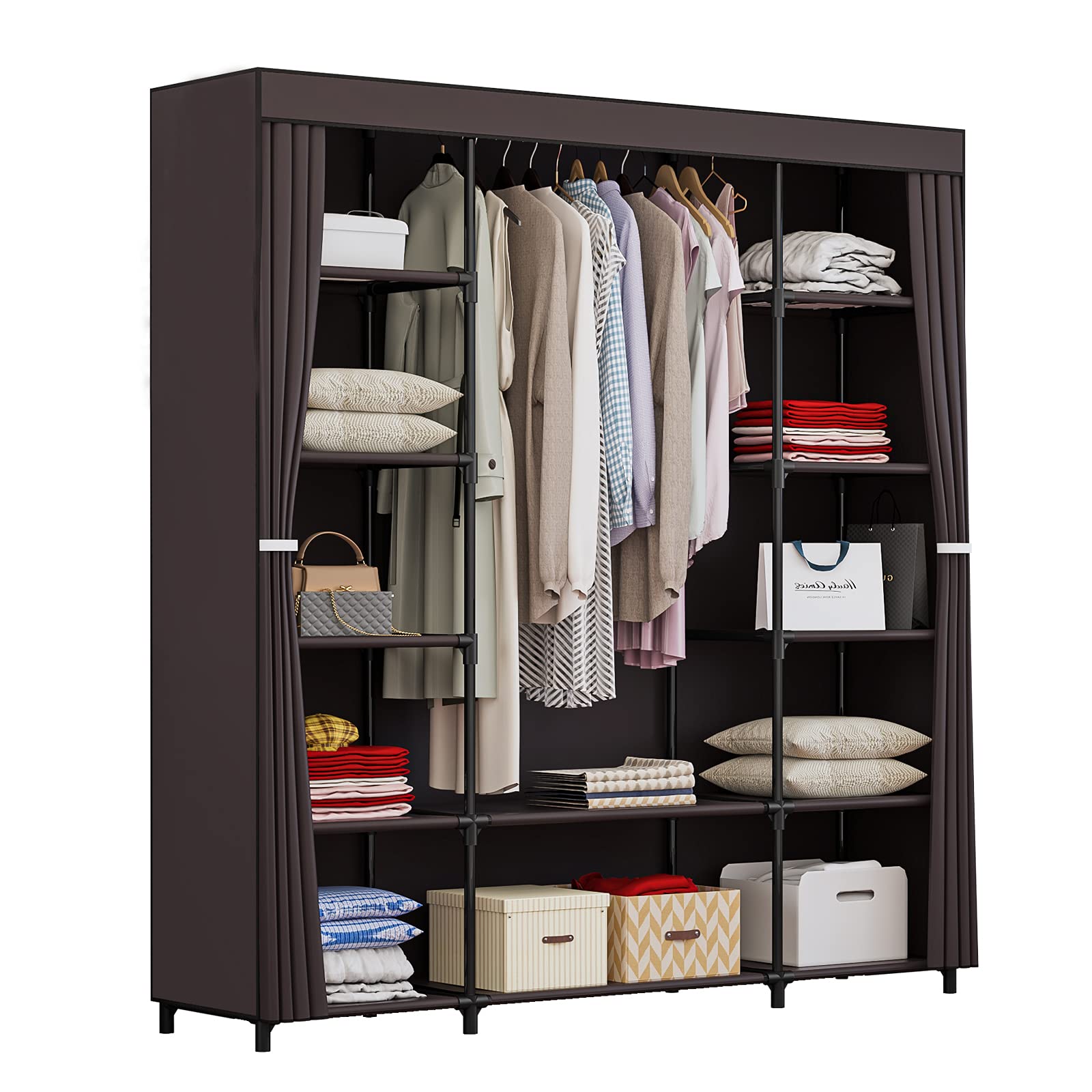 INGIORDAR Portable Closet Wardrobe Organizer Storage with Cover Non-Woben Fabric Portable Wardrobe Closet for Hanging Clothes Racks Shelving 59 Inch for Bedroom, Coffee