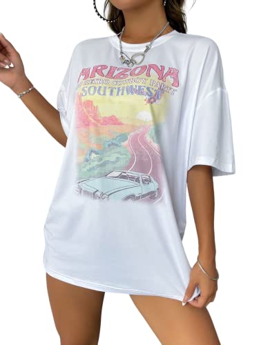 Cozyease Women's Oversized Graphic Letter Print T Shirts Short Sleeve Loose T Shirts Casual Women Summer Tops White L