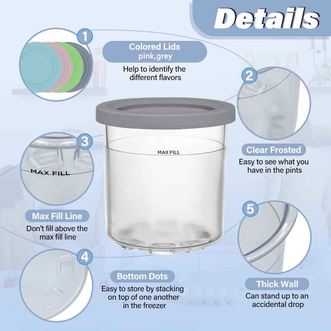 Ice Cream Pints Cup,Creami Pint Containers with Lids for Ninja Cream Pints,Creami Pints Kitchen Accessories,for NC301 NC300 NC299AMZ Series Ice Cream Maker,Dishwasher Safe