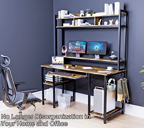 Computer Desk with Hutch Bookshelves, Storage Shelves, Keyboard Tray, Home Office Study Work Desk 53 inch Width, 70 inch High