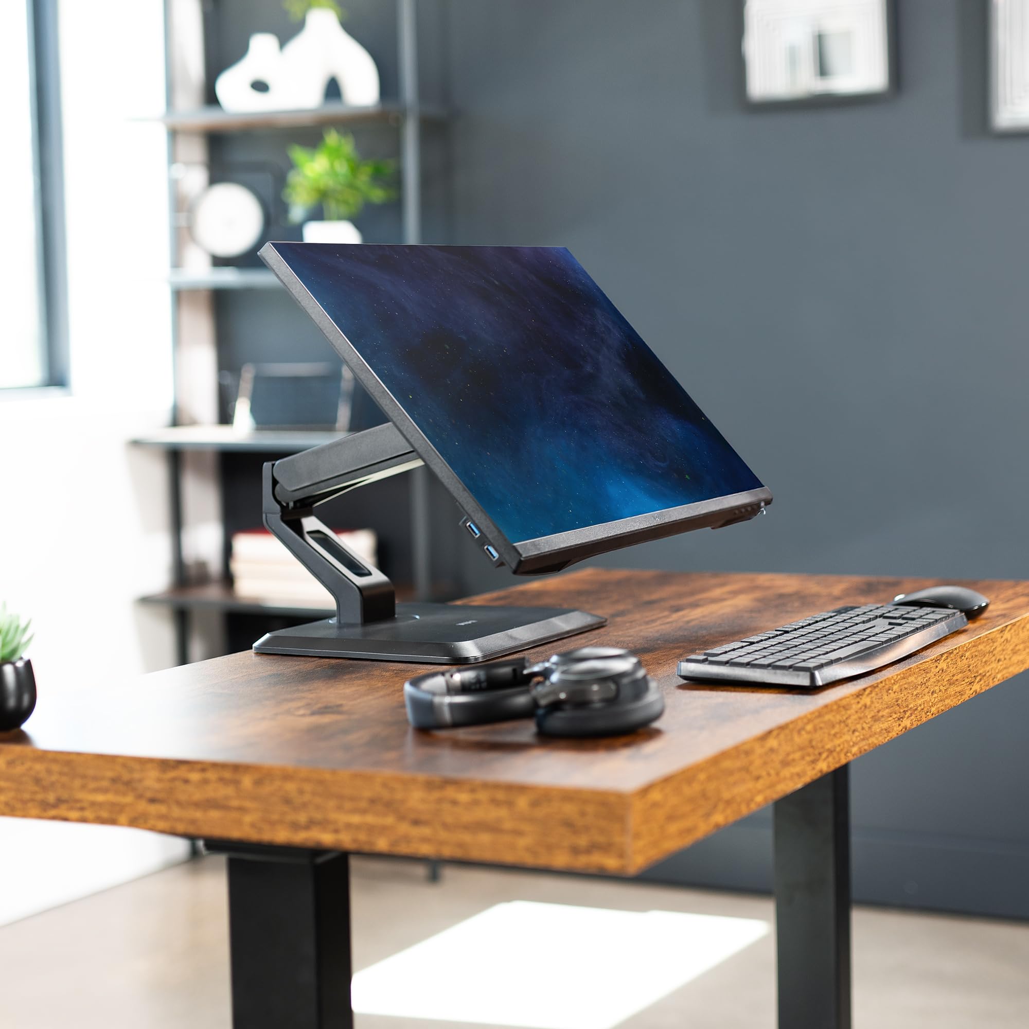 VIVO Premium Single 17 to 32 inch VESA Monitor and Touch Screen Desk Stand with Rotating Base, Freestanding Pneumatic Height Adjustable Arm, Black, STAND-V001R