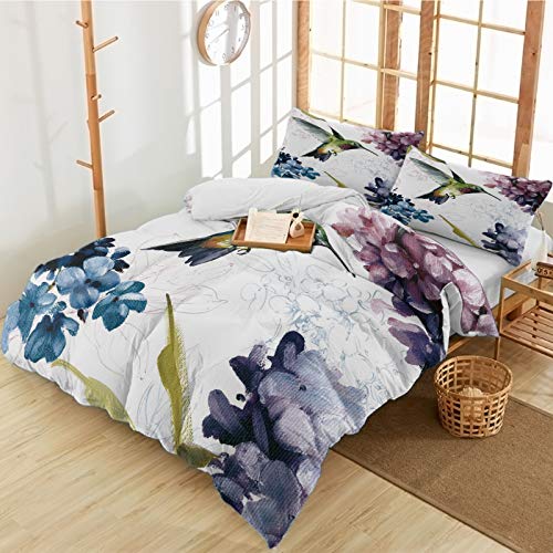 Duvet Cover Set 3 Pieces Queen Bedding Sets Hummingbird Hydrangea White Back Soft Luxury Comforter Cover with Pillowcases Microfiber Bedroom Quilt Covers-Zipper Closure Summer Bird Gradient Leaves