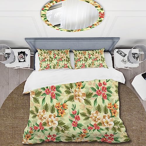 DESIGN ART Designart 'Pink White and Red Flowers and Leaves On Beige Background.' Traditional Duvet Cover Set King