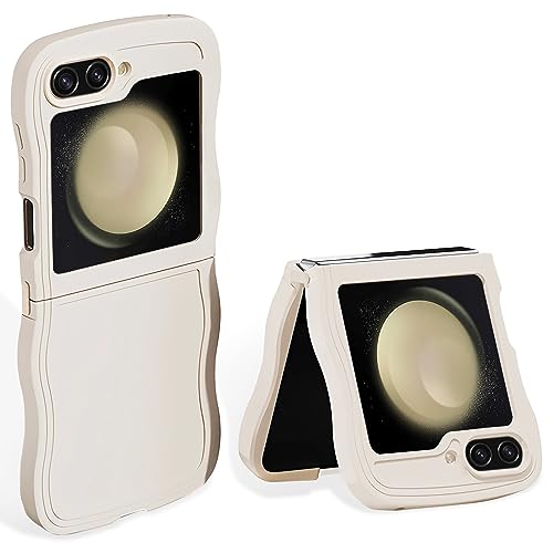 Eiavike Phone Case for Samsung Galaxy Z Flip 5 2023, Soft Silicone Solid Color Curly Wave Frame [with Non-Slip Hinge] Shockproof Protective Cover for Galaxy Z Flip 5 5G - Cream White