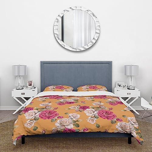 DESIGN ART Designart 'White and Red Roses On Mustard Background' Traditional Duvet Cover Set King