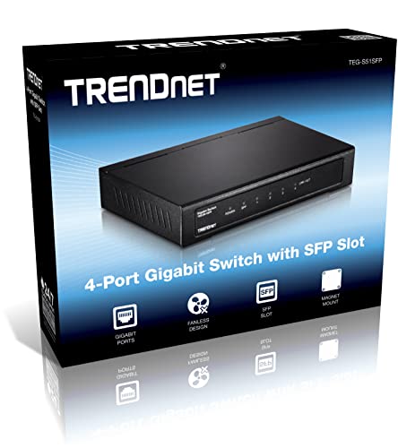 TRENDnet 5-Port Gigabit Compact Metal Desktop Switch with SFP Slot, TEG-S51SFP , Fanless Design, Wall Mountable, Lifetime Protection, Black