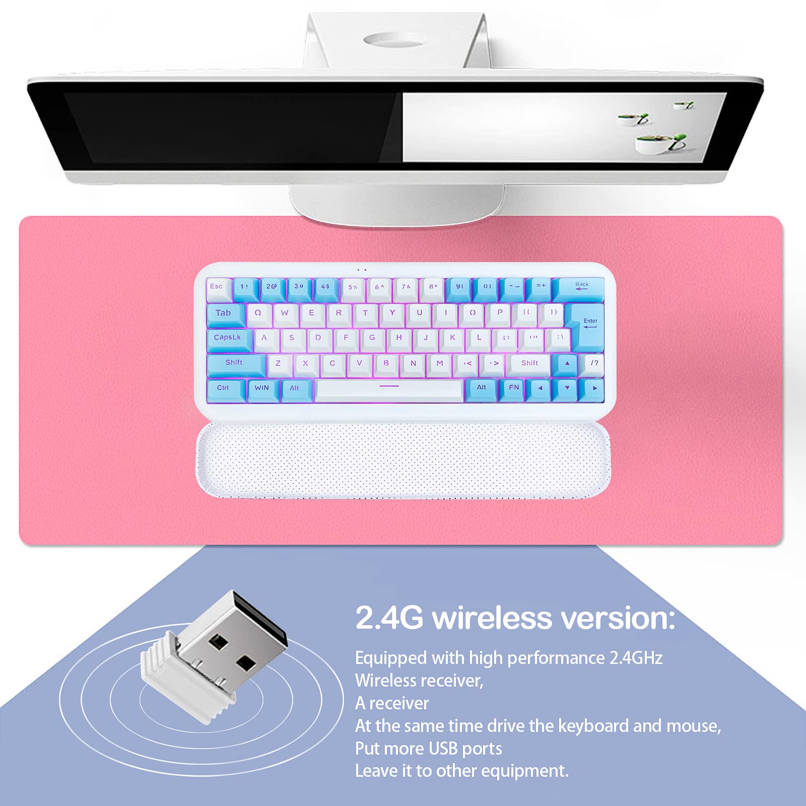 Apuode 60% Wireless Gaming Keyboard, RGB Backlit Ultra-Compact Mini Keyboard with Wrist Rest, Waterproof Mini Compact 61 Keys Keyboard for PC/Mac Gamer, Easy to Carry on Business Trip(White)