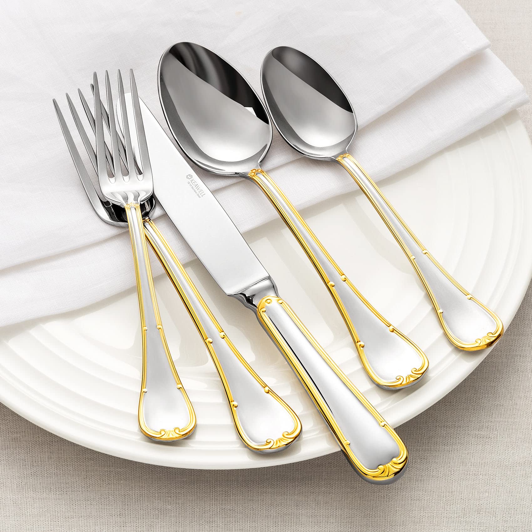 KEAWELL Elizabeth Fork, Set of 4, 18/10 Stainless Steel Fork set, Mirror Polished, Dishwasher Safe, Gold Accent, Exceptional Fork Set, Perfect for Formal Dining (8" Dinner Fork)